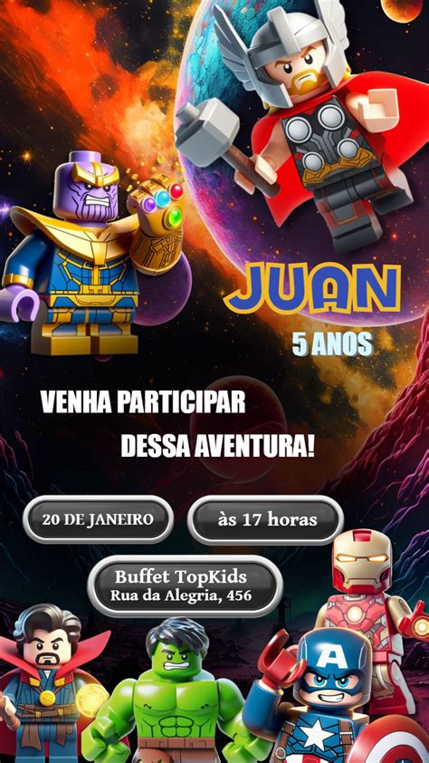 Convite aniversário Lego Heróis Edite grátis nosso editor online