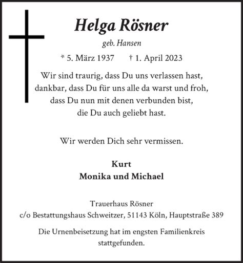 Traueranzeigen von Helga Rösner WirTrauern