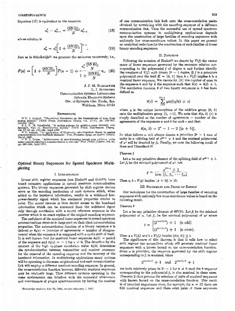 optimal binary sequences for spread spectrum multiplexing corresp ieee journals and magazine