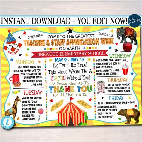 EDITABLE Circus Themed Teacher Appreciation Week Itinerary Poster Big