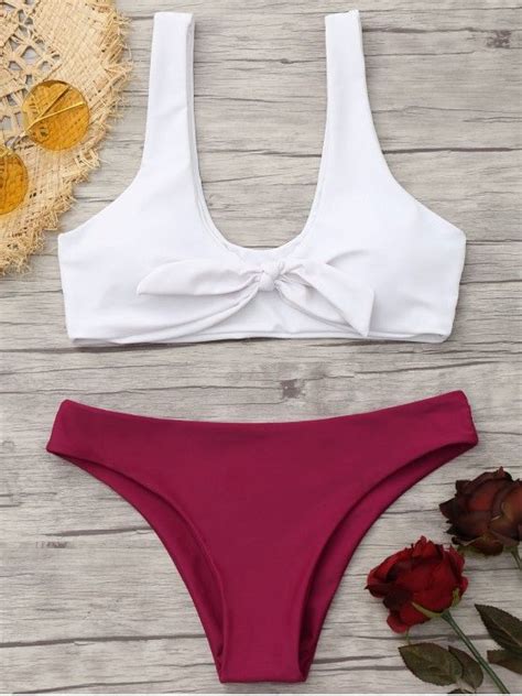 76 OFF 2021 Padded Knotted Bralette Bikini Set In RED AND WHITE ZAFUL