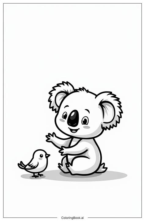 Fofo koala bebê brincando um passarinho coloringbook ai