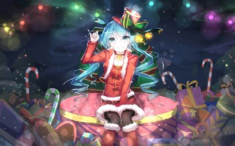 Wallpaper Long Hair Anime Girls Blue Hair Blue Eyes Hat Sitting Smiling Thigh Highs