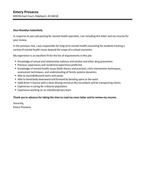 Mental Health Cover Letter Sample