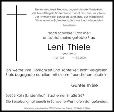Traueranzeigen Von Leni Thiele Trauer In NRW De