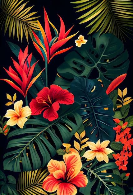 Un Cartel Con Flores Y Hojas Tropicales Foto Premium