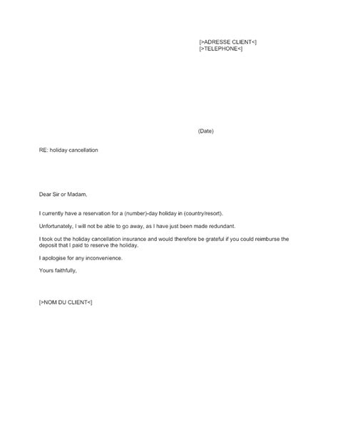Lettre d annulation de réservation vacances Anglais modèle gratuit