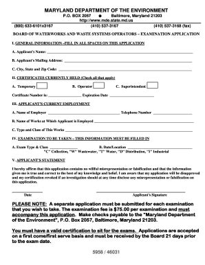 Fillable Online Mde State Md Application For Operator Examination MDE