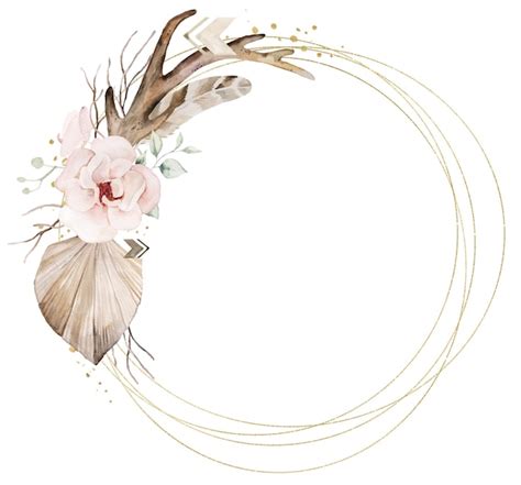 Marco Dorado Con Astas De Venado Acuarela Hojas Y Flores Tropicales