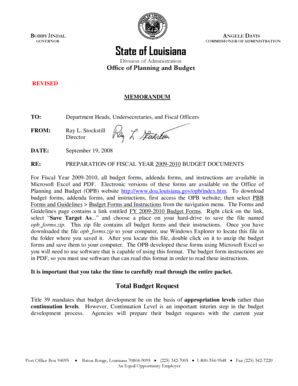 Fillable Online Doa Louisiana BudReqMemo FY09 10 Revised Division Of