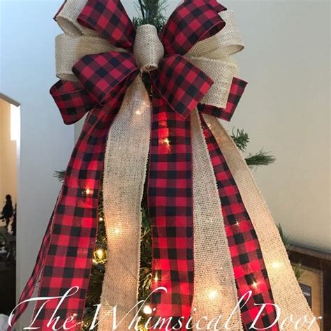 Rustic Christmas Tree Bow Farmhouse Bow Plaid Tree Topper Etsy