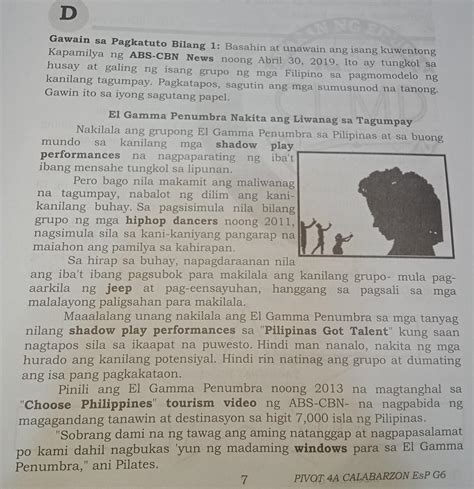 Gawain Sa Pagkatuto Bilang Basahin At Unawain Ang Isang Kwento Kung