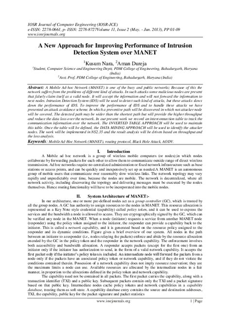 pdf a new approach for improving performance of intrusion detection system over manet iosr