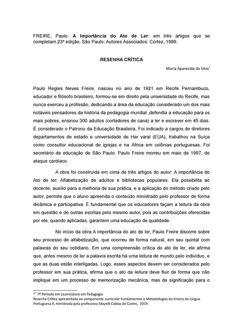 Resenha Paulo Freire Freire Paulo A Import Ncia Do Ato De Ler Em