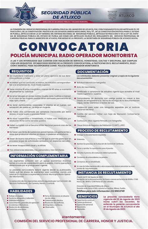 Abre SSP Atlixco convocatoria de reclutamiento para policía municipal