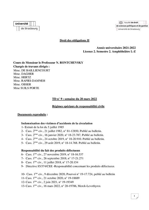 TD 9 DO Séance 9 de droit des obligations Droit des obligations II