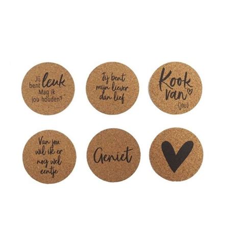 Set Van 6 Onderzetters Van Kurk Met Tekst Studio Meex