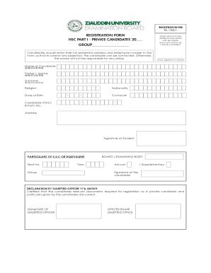Fillable Online ZUEB HSC Registration FORM Part I Private Candidate Fax