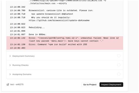 bare keys cannot contain vercel deployment error support hugo