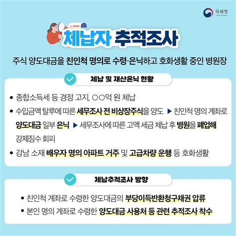 국세청 on Twitter 주식 양도 대금을 은닉하고 배우자 아파트 거주고급차량 운행 등을 확인해 부당이득반환청구 채권을