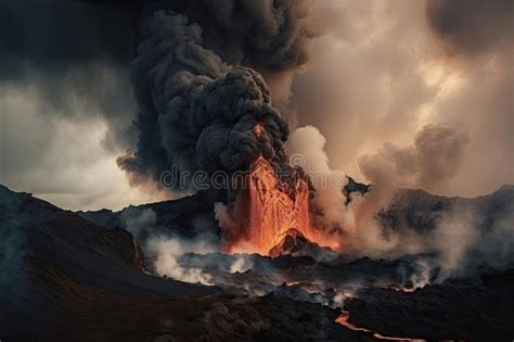 Volcanic Eruption With Dramatic Lava Flow And Billowing Clouds Of Smoke