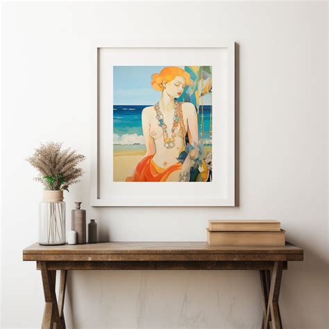 Coastal Naked Woman Figure Charming Painting Nude Lady Portrait Beach