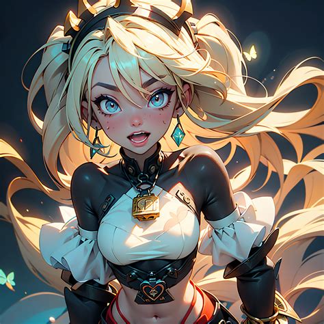 Anime Girl With Long Blonde Hair And Blue Eyes In A Black Outfit