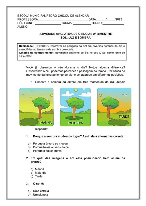 Avaliação DE Ciências 2 ANO ESCOLA MUNICIPAL PEDRO CHICOU DE ALENCAR