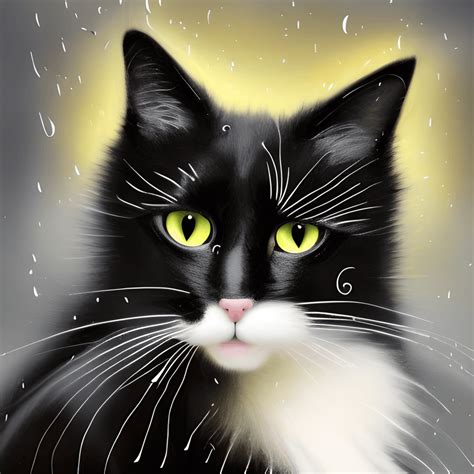 Abstract Cat Painting Black Cat Fluffy Big Cute Eyes Playing In The