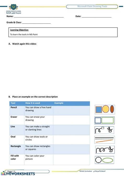 MS Paint Drawing Tools Worksheet In 2023 Learning Objectives 1st