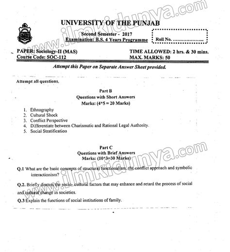Past Paper Punjab University Sociology Bs Hons Nd Semester