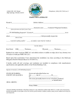 Fillable Online INSPECTION AFFIDAVIT Permit Jobsite Address I Fax
