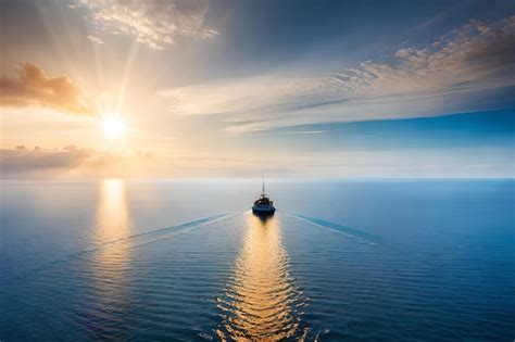 Un barco navegando en el océano con la puesta de sol detrás de él