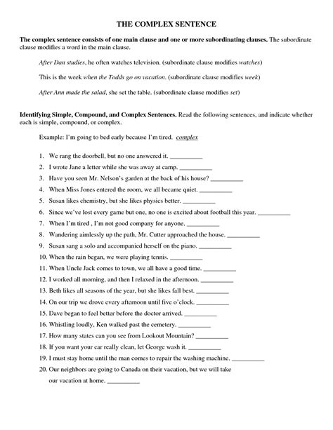 Simple Compound Complex Sentence Worksheets