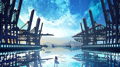 Futuristic Dockside Anime Scenery Backiee