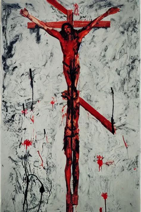 Bloody Christ Crucified On A Very Big Mushroom Painted Stable Diffusion