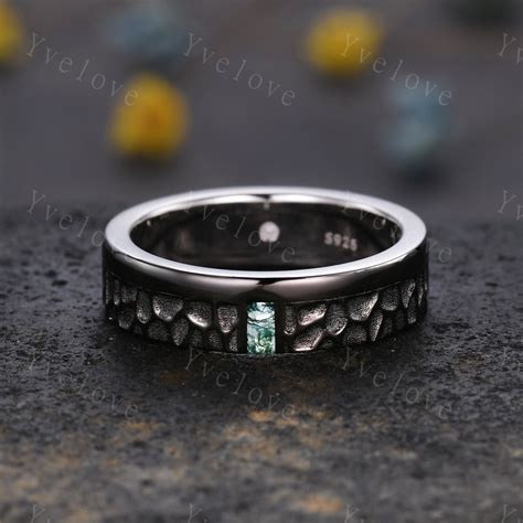 Mens Moss Agate Wedding Band Baguette Cut Green Agate Diamond Band
