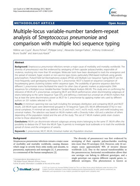 pdf multiple locus variable number tandem repeat analysis of streptococcus pneumoniae and