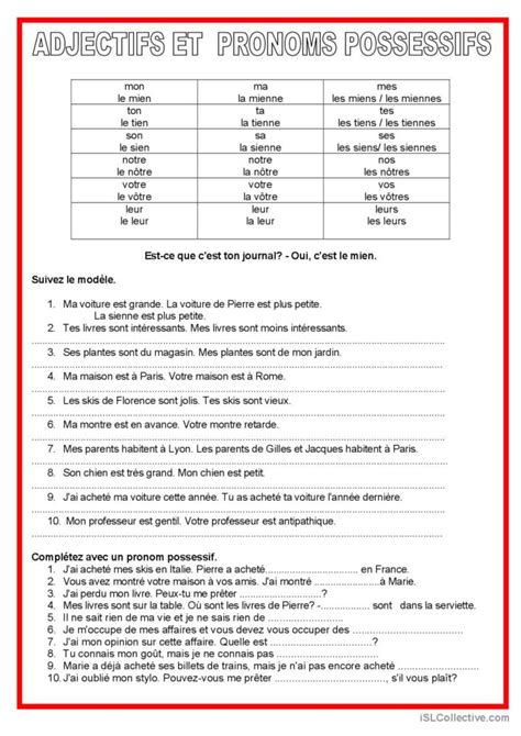 Possessifs Pratique De La Grammaire Fran Ais Fle Fiches Pedagogiques