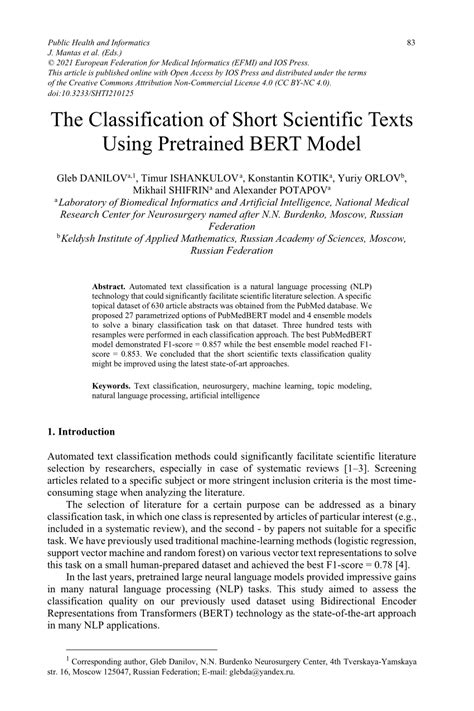 pdf the classification of short scientific texts using pretrained bert model