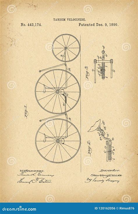 1890 Patent Velocipede Tandem Bicycle Archival History Invention Stock