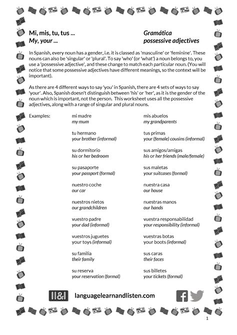 Possessive Adjectives Spanish Worksheet Imsyaf