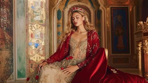 Premium AI Image A Woman In A Red Dress Sits In A Throne With A Crown