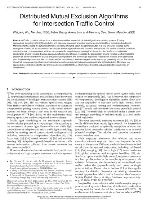 pdf distributed mutual exclusion algorithms for intersection traffic control