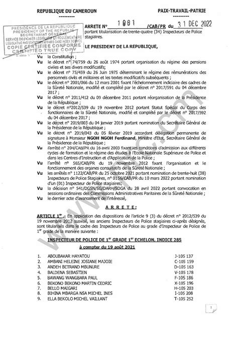 Arrêté N 1081 CAB PR du 31 décembre 2022 portant titularisation de