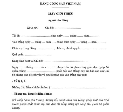 Hướng dẫn cách ghi nhận xét giấy giới thiệu người vào Đảng mới nhất