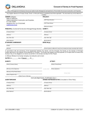 Fillable Online Consent Of Surety To Final Payment Form Iowa State