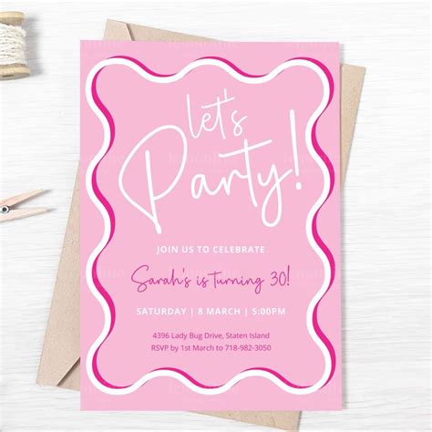 Editable Wavy Invitation Pink Wavy Border Invitation Pink Wavy Invite