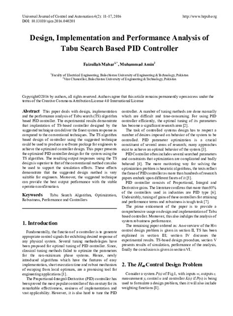 pdf design implementation and performance analysis of tabu search based pid controller dr