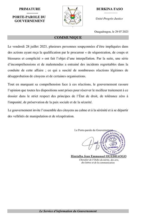 Affaire Adja De Komsilga Le Gouvernement Rassure Lopinion Que Toutes